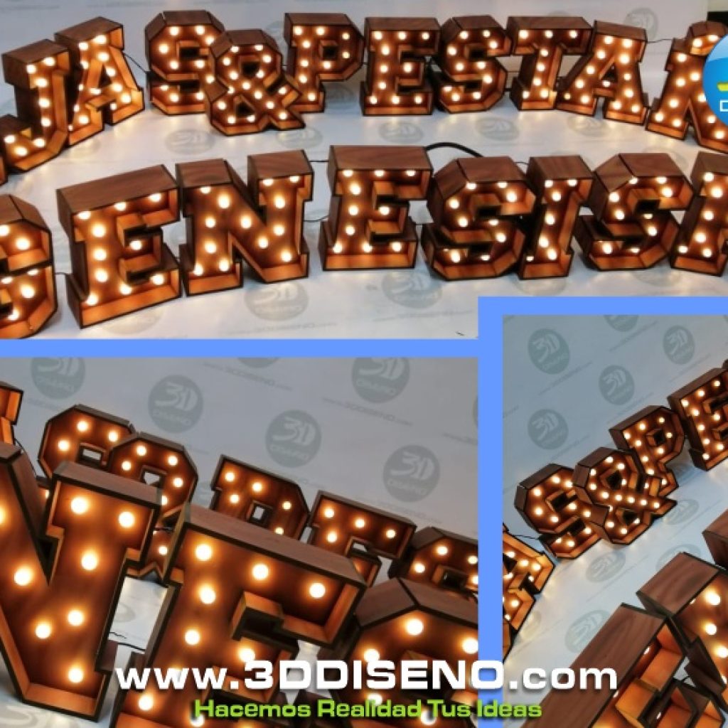 Letras en madera con luz bombillo led - 3D Diseño